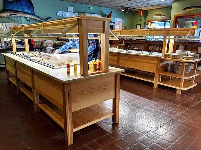 The buffet stations stand ready like soldiers, armed with steam tables full of Southern comfort classics.