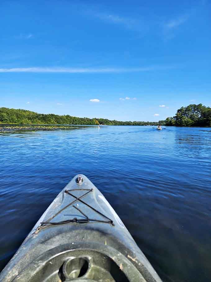 Kayaking on Parvin Lake under a wide blue sky. This is the kind of therapy that actually works every time.