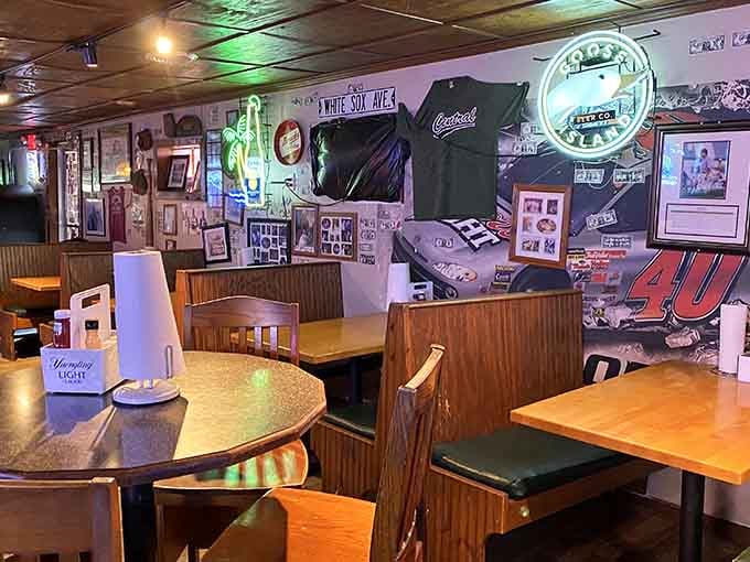 Framed photos, neon signs, and booth seating that invites you to stay longer than you planned.