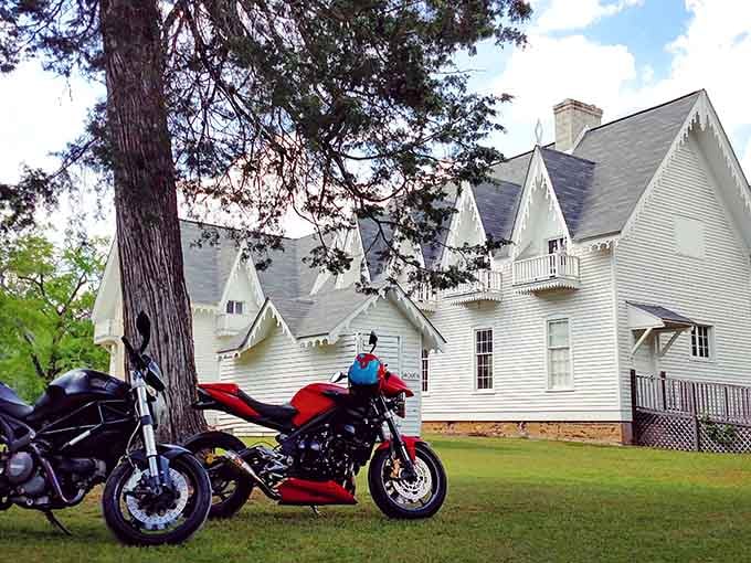 Even motorcycles parked out front can't make this place look anything less than quietly, confidently haunting.