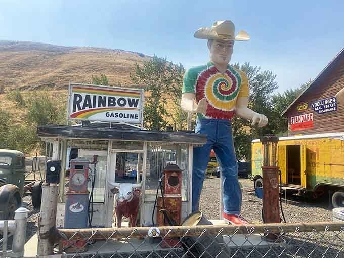 A tie-dye cowboy statue guards the Lost Highway Museum's collection of vintage gas pumps and signs, because Pomeroy keeps things wonderfully unexpected.