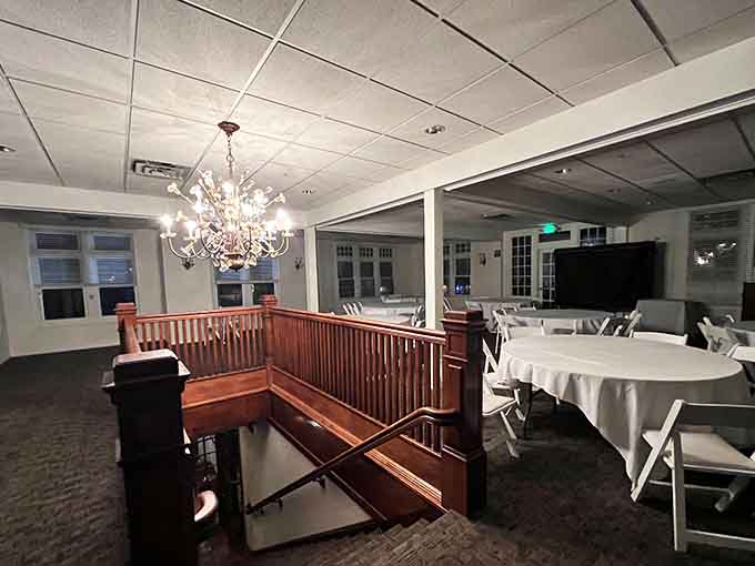 The upstairs banquet space, chandelier and all, is where Wisconsin memories get made in grand, unhurried style.