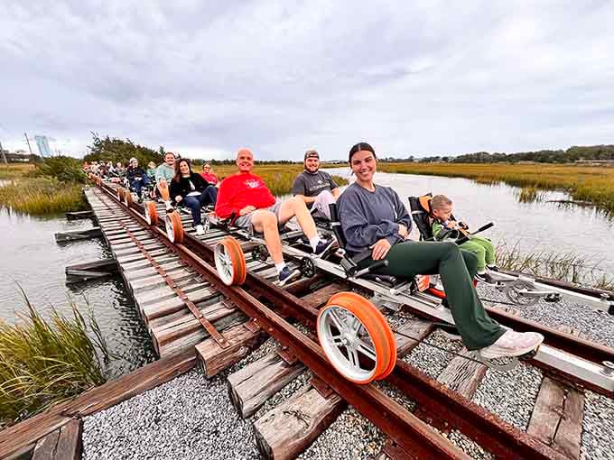 A whole group rolling through the marsh, grinning like they just discovered New Jersey's best kept secret.