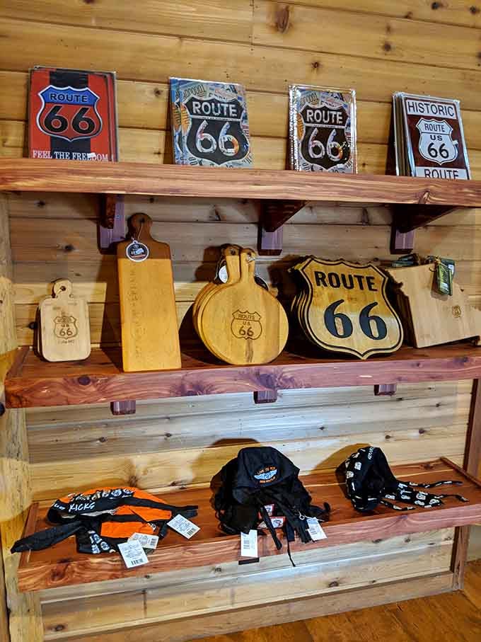 Route 66 memorabilia lines the shelves inside, from engraved cutting boards to tin signs that practically hum with nostalgia.