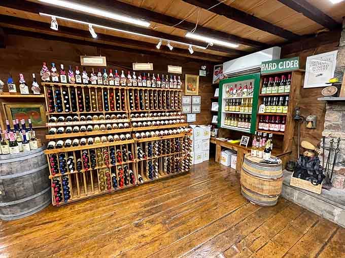 Floor-to-ceiling wine racks and hard cider shelves that make you realize this farm is far more ambitious than it lets on.