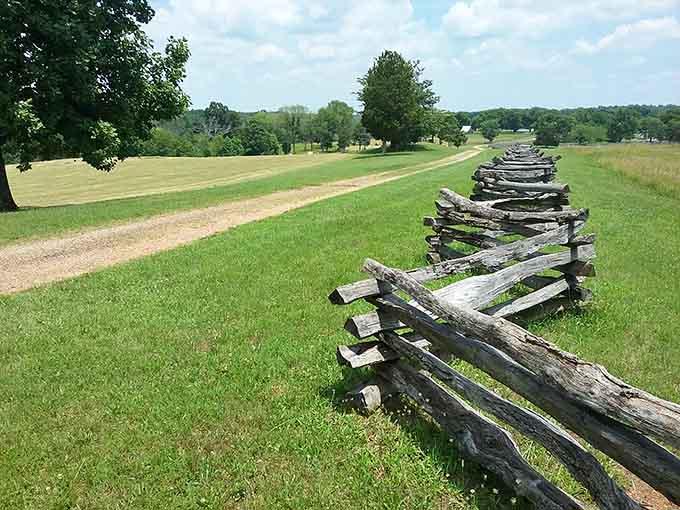 That weathered split-rail fence stretches toward the horizon like a sentence that history never quite finished writing.