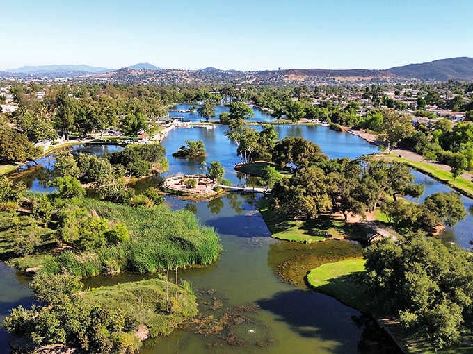 This aerial view reveals seven interconnected lakes creating a watery wonderland that looks like nature's own connect-the-dots puzzle.