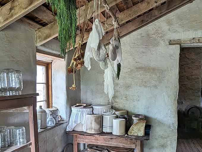 Dried herbs hanging from the rafters and stoneware crocks lined up, this pantry means serious business.
