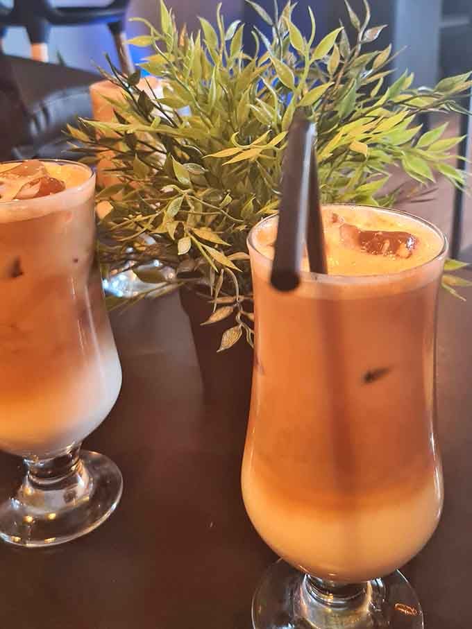 Iced coffee served in tall glasses, layered and gorgeous. Rural Illinois just quietly out-coffeed your favorite city cafe.