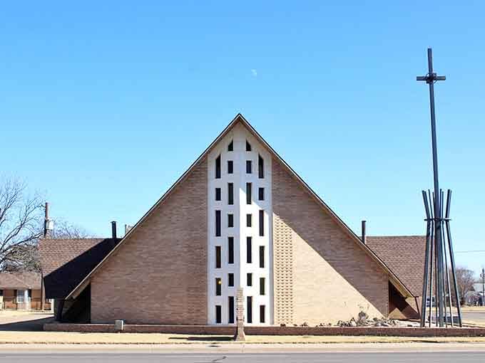 Shamrock Methodist Church's dramatic triangular facade reaches skyward with such bold confidence, even the moon showed up to admire it.