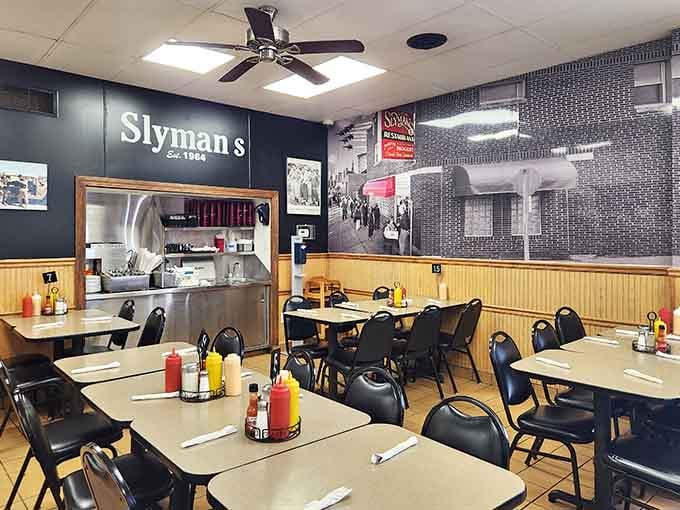 Clean, unpretentious, and full of good energy, the Slyman's dining room feels like a neighborhood living room.