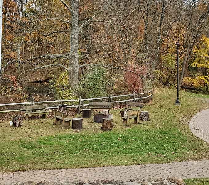 Wooden benches and tree stump seats gathered together, the kind of spot that invites you to actually sit down.
