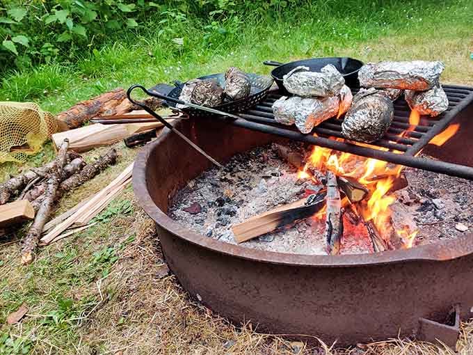 Campfire cooking that turns even basic hot dogs into a gourmet experience worthy of food magazine covers.