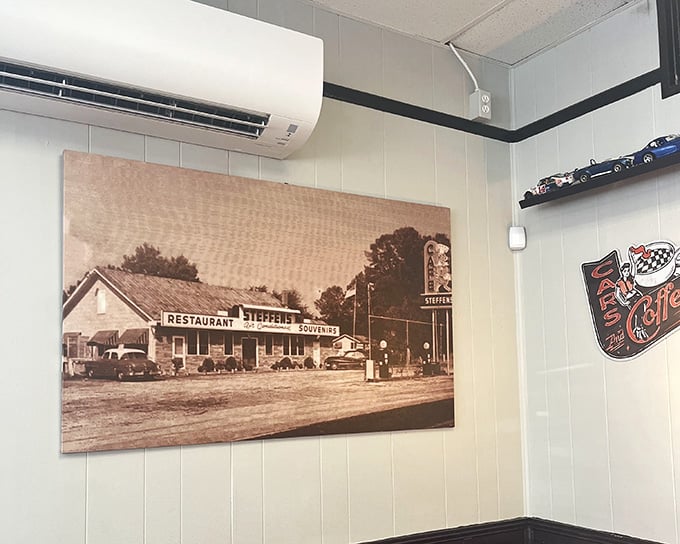 A vintage sepia photo of Steffens hangs proudly on the wall, proof that some things genuinely get better with age.