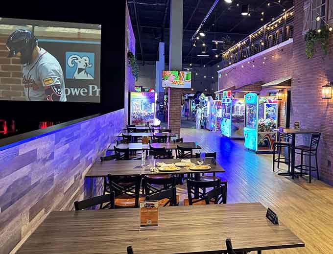 Dining tables, big screens, and arcade machines just steps away &mdash; this is multitasking at its most enjoyable.