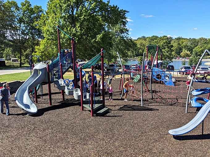 A playground with a lake view. Somebody planned this extremely well, and the kids have no complaints.