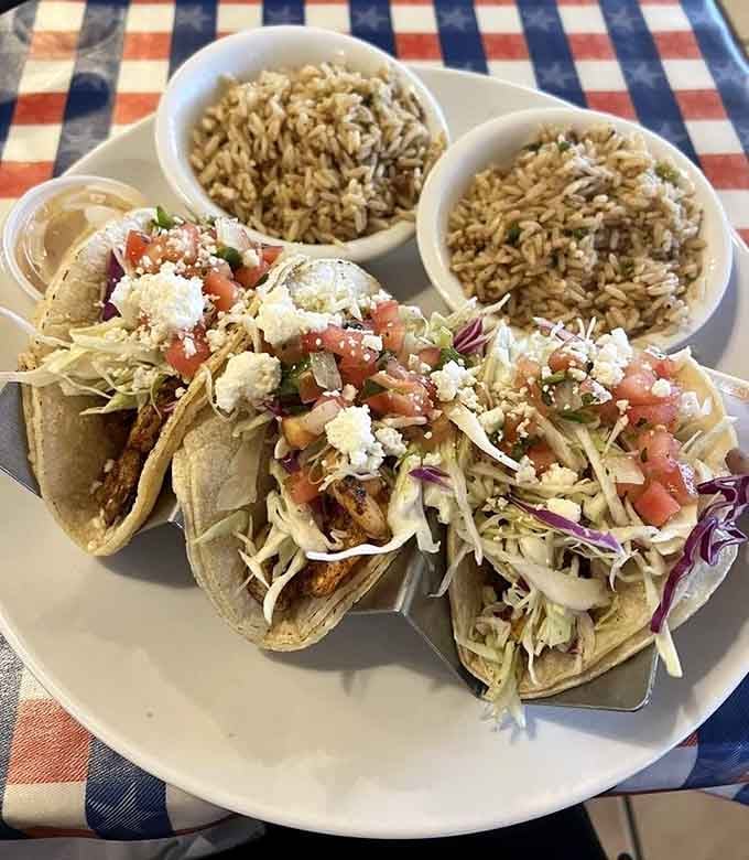 Fish tacos loaded with fresh toppings and served with rice. Proof that T-Bone Tom's doesn't play favorites with its menu.