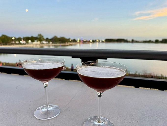 Two espresso martinis at sunset over the lake, which is basically the Illinois version of a perfect evening.
