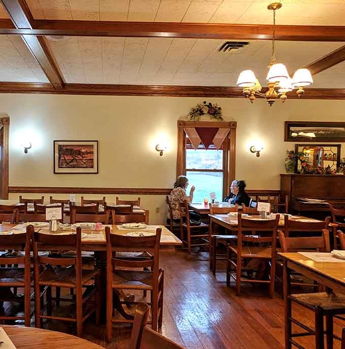 Wall sconces, wooden chairs, and windows that frame the trees outside like a painting nobody paid for.