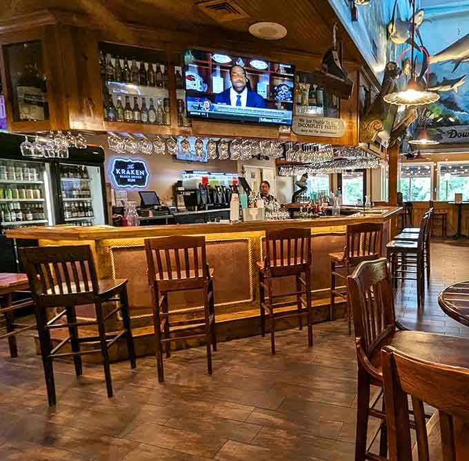 The bar area offers liquid refreshment while you contemplate your next strategic buffet approach and recovery time.