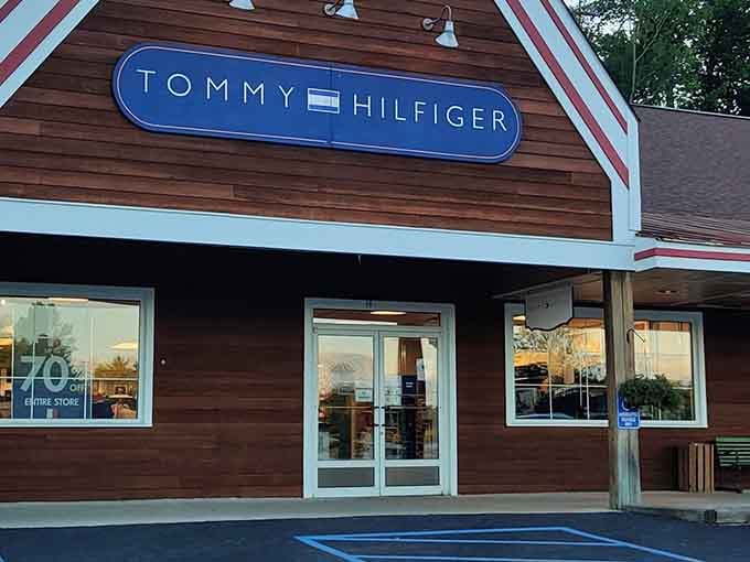 Tommy Hilfiger's classic red, white, and blue stripes promising all-American style without the all-American full-price sticker shock.