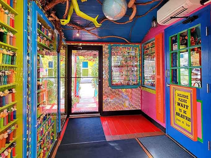 Even the waiting area at PaperMoon Diner is a full-blown art installation, complete with walls of PEZ dispensers.