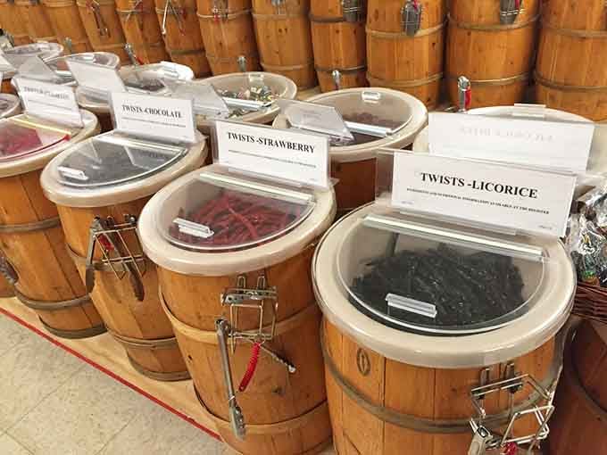 Licorice twists in barrels, because some candy experiences are better when you can scoop them yourself like a prospector finding treasure.