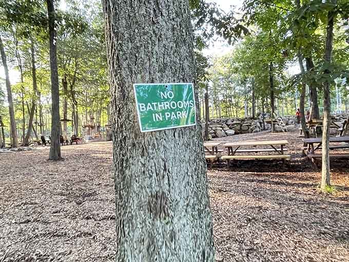 No bathrooms in the park, a gentle reminder to handle business before you hit the treetops.