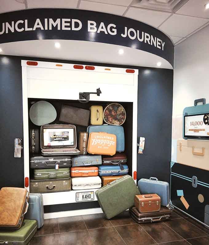 The Unclaimed Bag Journey display tells the whole wild story of how these bags end up here.