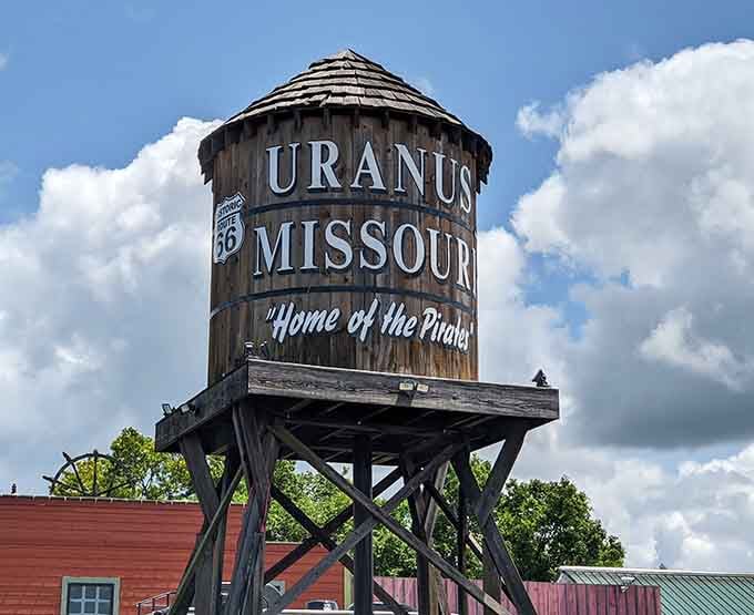 The wooden water tower proclaims Uranus Missouri "Home of the Pirates," and honestly, no further explanation needed.