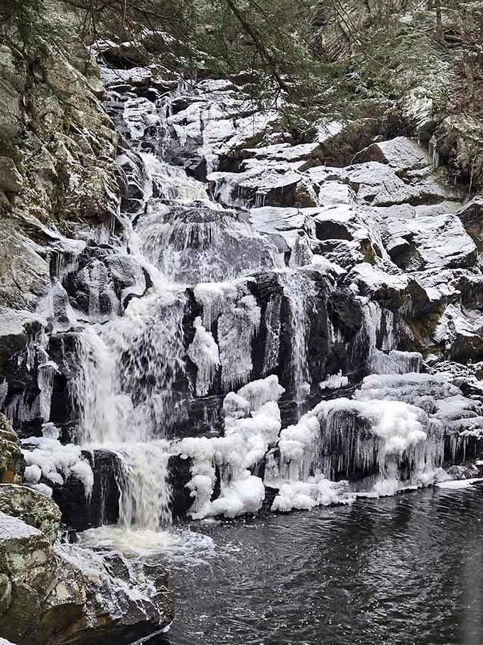 Winter transforms Wahconah Falls into a frozen masterpiece that looks like Elsa's vacation home went upscale.