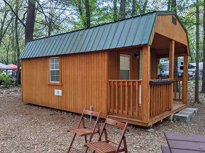 Warm wood, a covered porch, and a green metal roof. This little cabin is punching well above its weight.