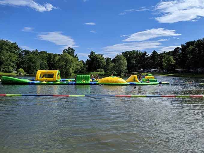 Inflatable water obstacles float like a playground designed by someone who really understands what summer should be about.