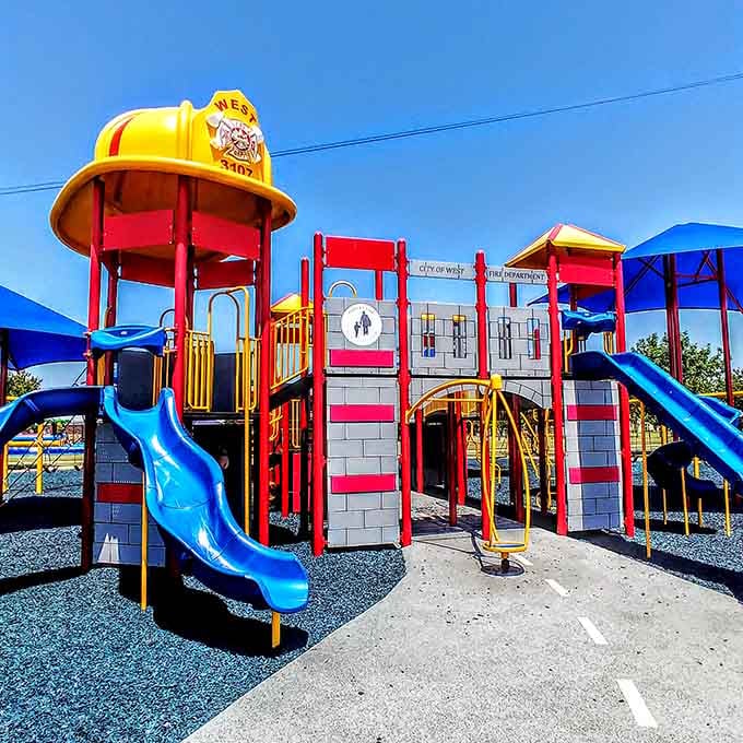 This playground honors West's firefighters with a helmet-topped structure where kids can climb toward their own heroic dreams.