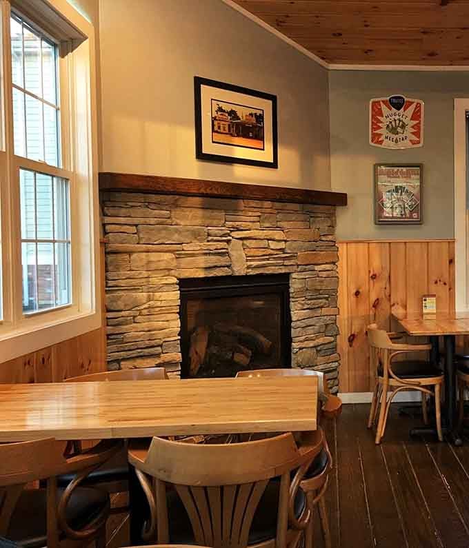 A stone fireplace adds rustic charm while you contemplate your third trip to the buffet. Ambiance and gluttony coexist peacefully.
