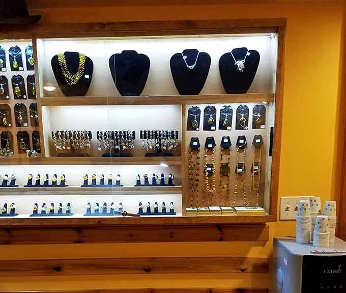 A sparkling jewelry display greets you near the entrance, because why not leave feeling a little more adorned too.