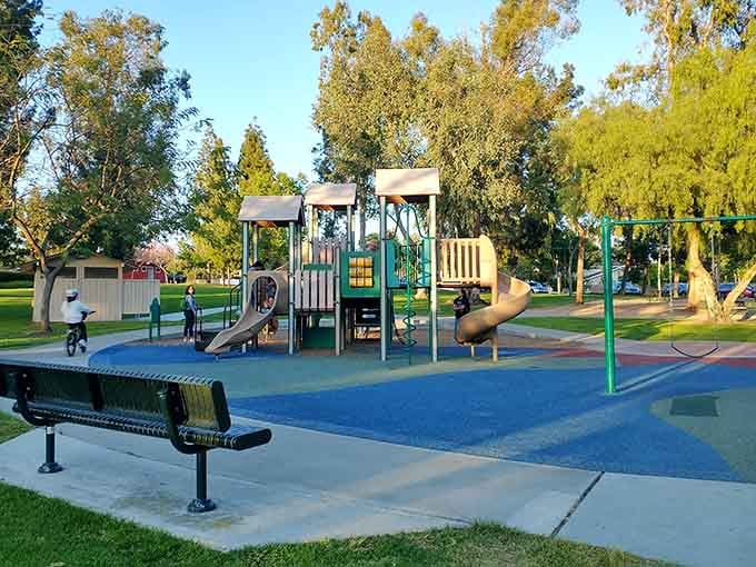 A playground bathed in golden afternoon light, with kids doing exactly what kids should be doing. Hurless Barton Park delivers every single time.