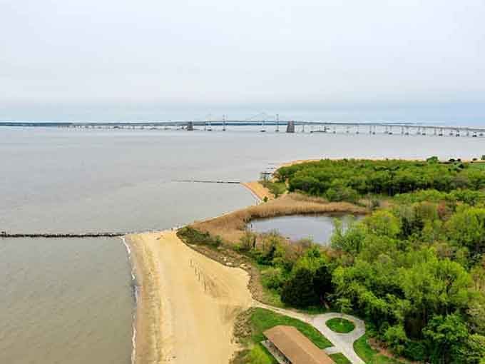 From above, Sandy Point's golden crescent beach curves along the bay shoreline with the iconic Bay Bridge stretching majestically in the distance.
