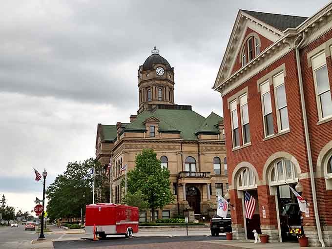 Wapakoneta's courthouse dome rises above the town square under a dramatic sky, looking every bit as proud as the town it watches over.