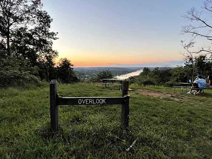 That simple "Overlook" sign understates the spectacular sunset view stretching out before you like infinity itself.