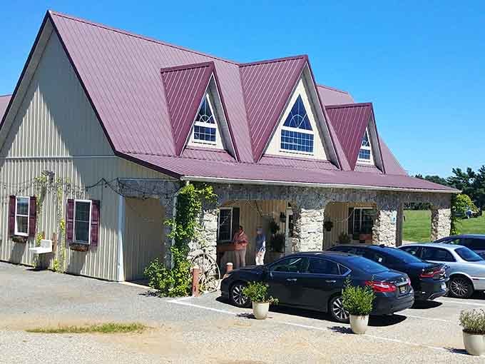 Prigel Family Creamery's burgundy roofline and stone columns gleaming under a clear blue sky make this farm destination look almost too good to be real.