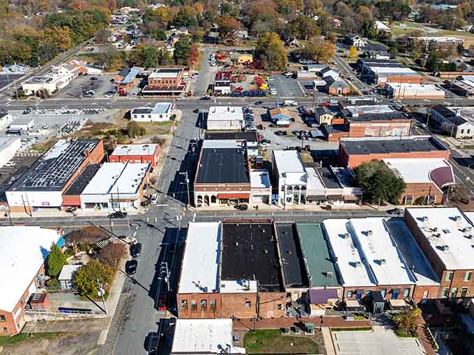 Autumn colors crowning the rooftops make Siler City's compact downtown look absolutely spectacular from up above.