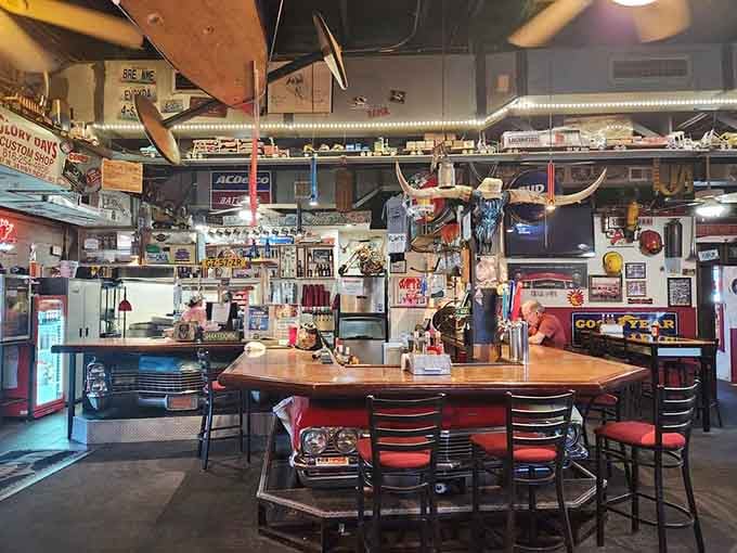 The bar area where memorabilia competes for attention but the barbecue always wins the popularity contest.