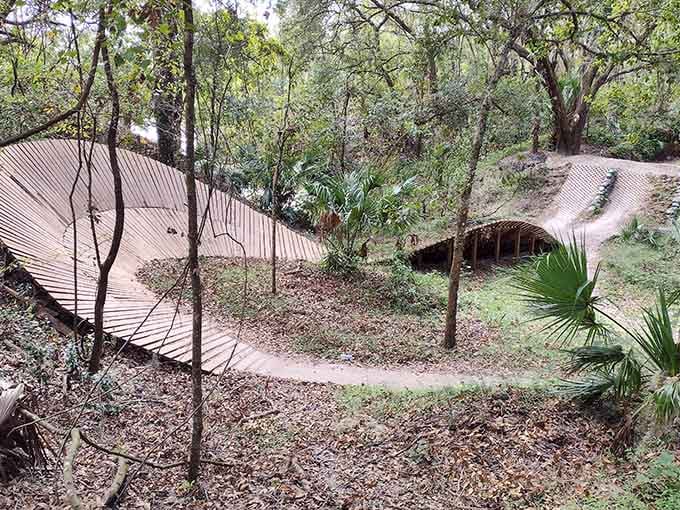The bermed trails twist through the forest like a roller coaster designed by someone who really understands fun.