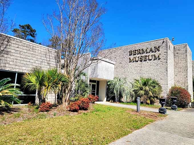 Palm trees flank the Berman Museum entrance, hinting at the globe-spanning treasures waiting quietly inside those walls.
