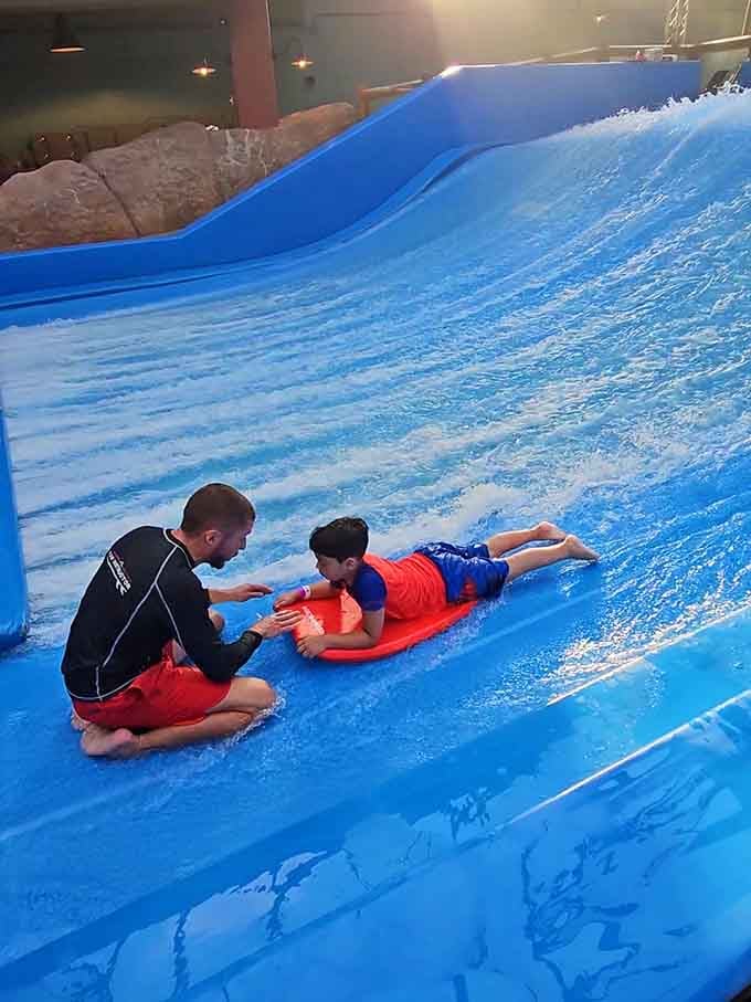 A patient instructor, a determined kid, and a surf board. This memory will last forever.