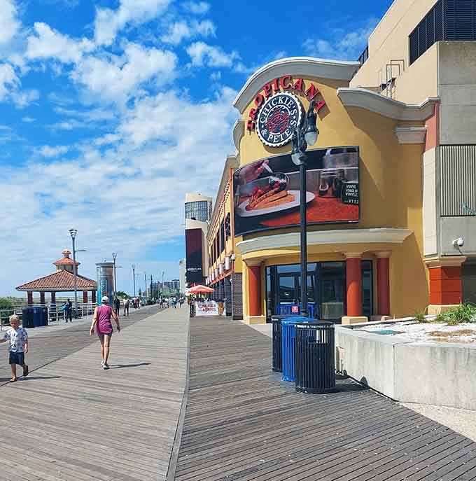 Tropicana's bold, colorful exterior on the boardwalk, cheerful enough to make even a cloudy day feel like a party.