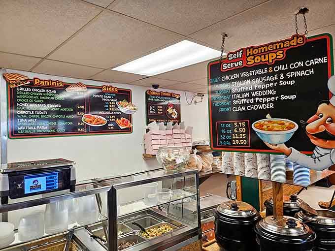 The full picture of Augusta's comes into view here, paninis, soups, chicken, and homemade sides all within easy reach.