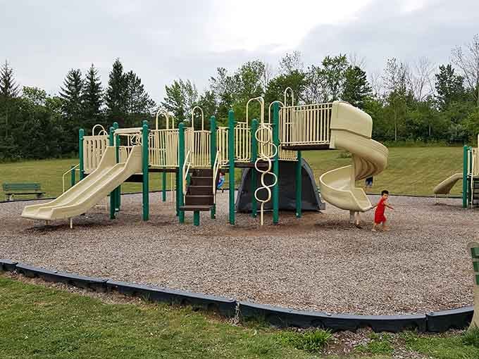 A playground where kids burn energy while parents sit nearby and stare peacefully at the trees.