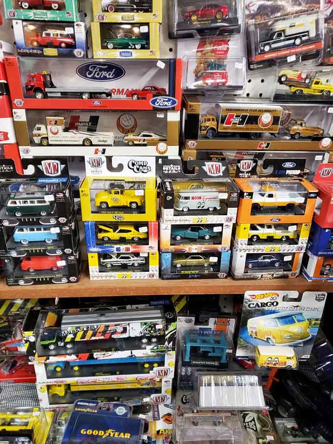Die-cast model cars stacked shelf to shelf, a collector's paradise hiding in plain sight.